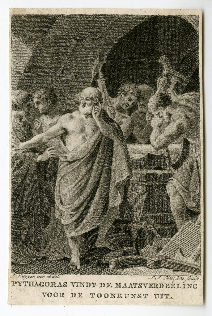 Pythagoras invents musical tuning. Engraving 1790 · Pictura Antique Prints