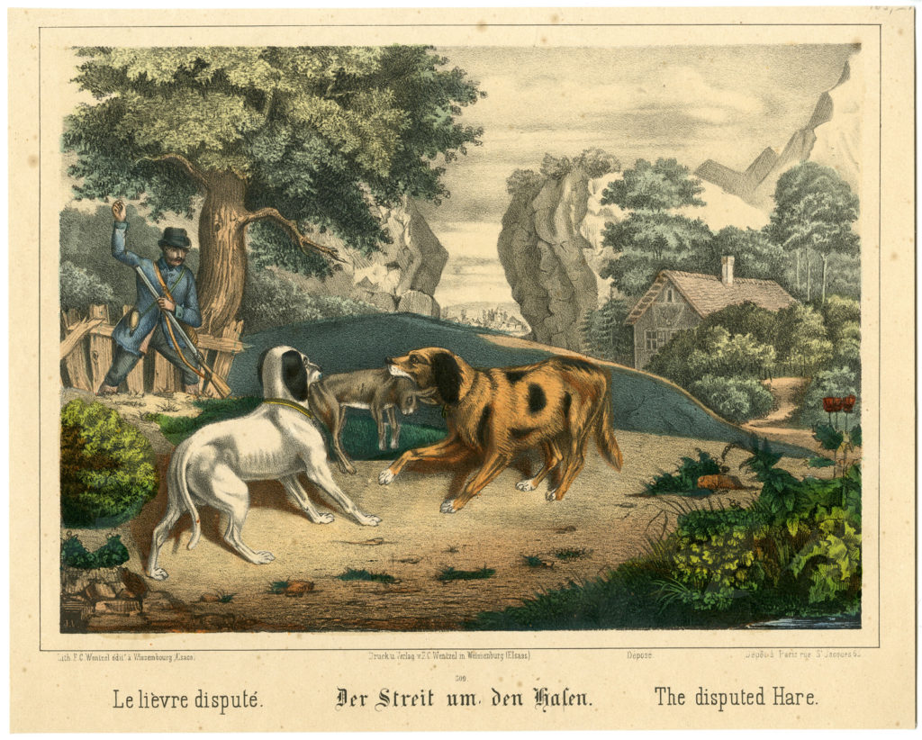 HUNTING-DOGS-HARE-FIGHTING-GUN-HUNTER [F. WENTZEL after , c. 1850 ...