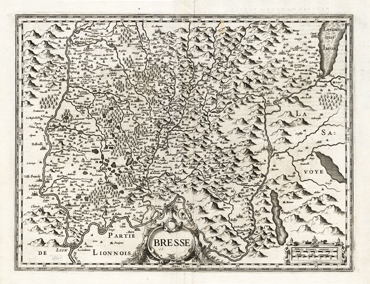 Antique Map-BRESSE-LYON-GENEVA-FRANCE-Hondius-1636 · Pictura Antique Prints