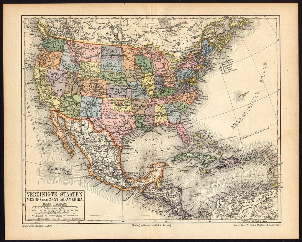 Antique Map-USA-NORTH AMERICA-MEXICO-Meyers-1895 · Pictura Antique Prints