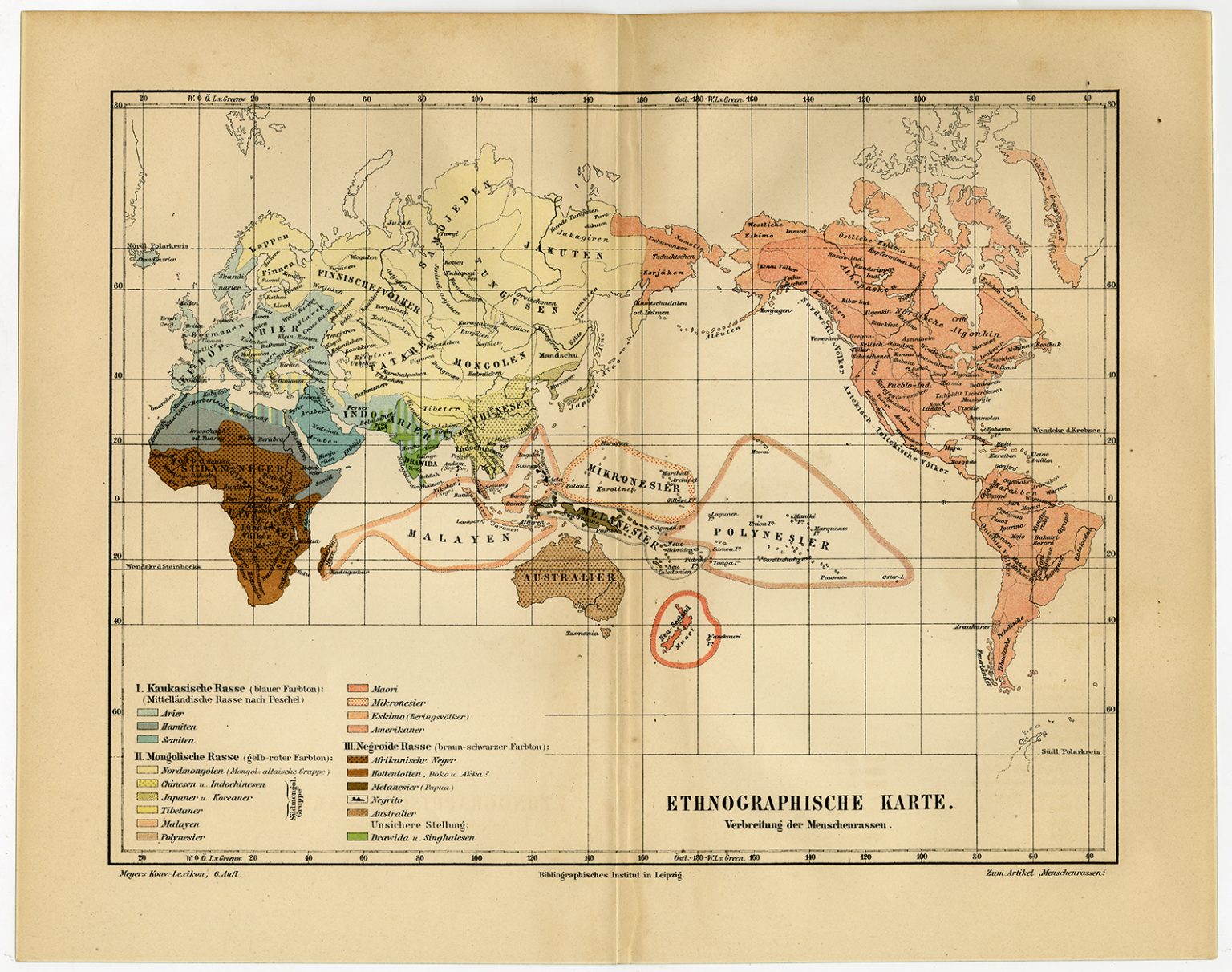 Antique Map-WORLD MAP-HUMAN RACES-Meyers-1895 · Pictura Antique Prints