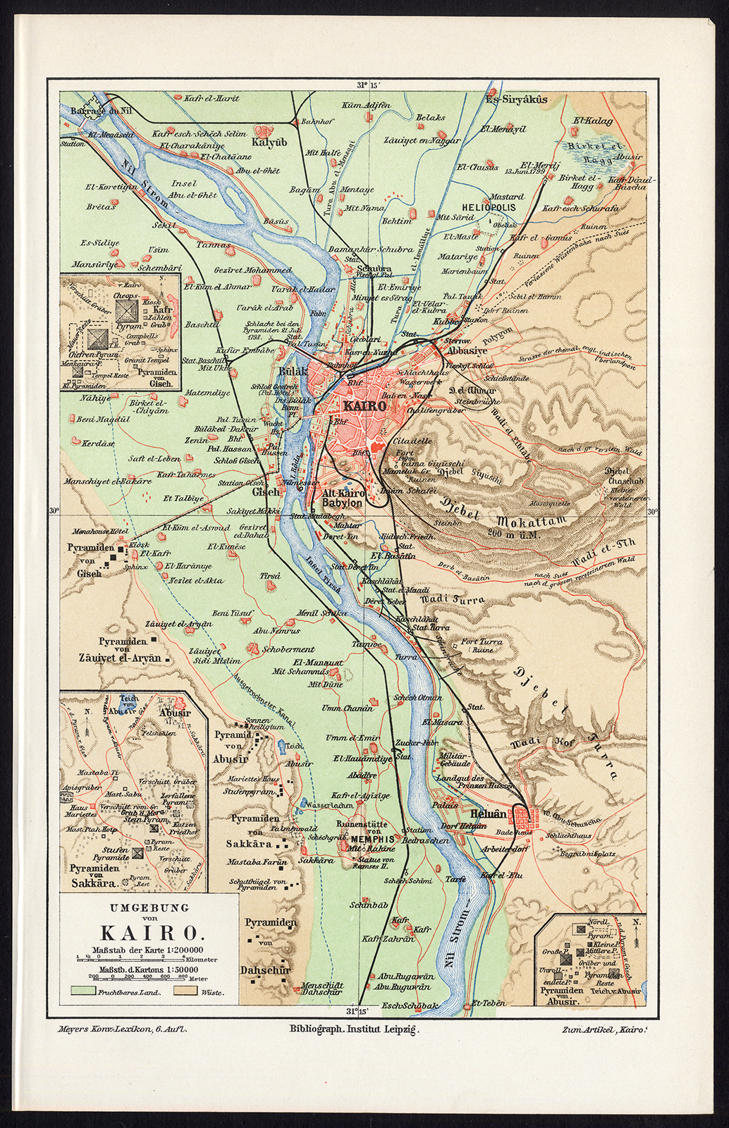 Antique Plan-CAIRO-EGYPT-NILE-REGION-PYRAMIDS-Meyers-1895 · Pictura ...