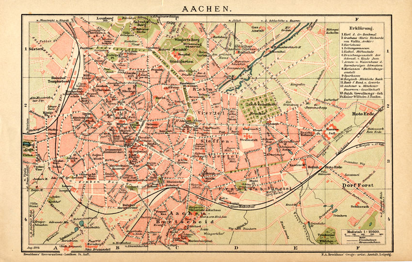 Antique Map-AACHEN-GERMANY-CITY-Meyers-1895 · Pictura Antique Prints