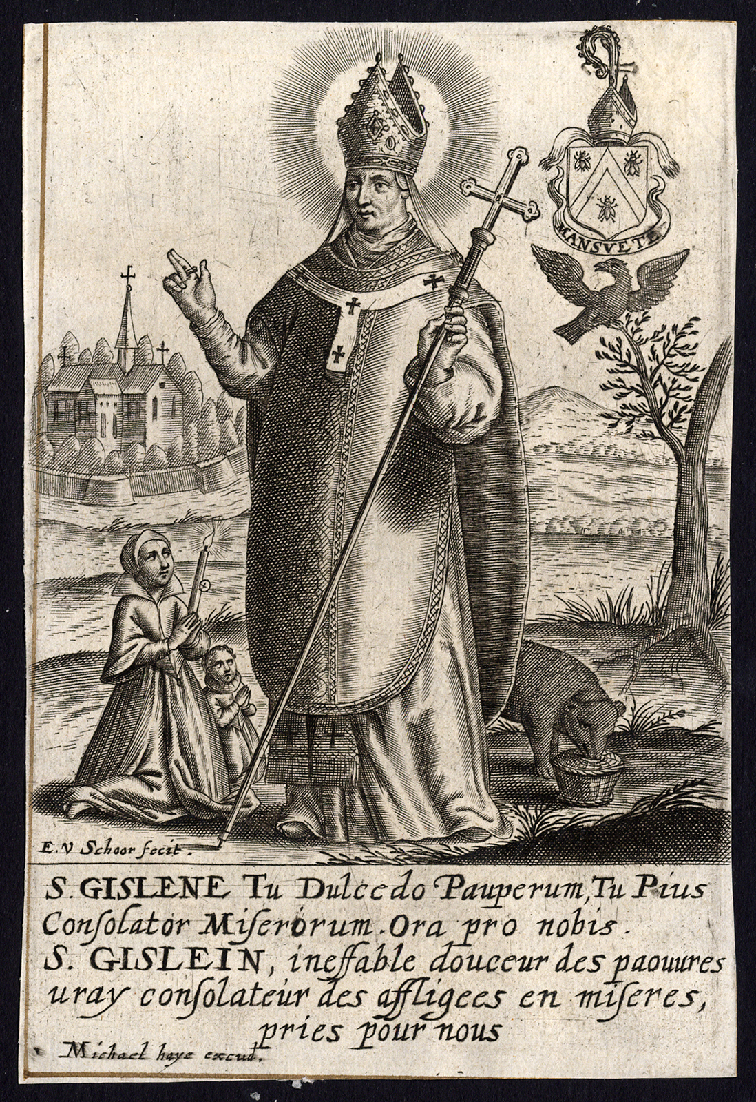 Antique Print-SAINT GHISLAIN-ANCHORITE-BEAR CUB-CHILDREN-van Schoor ...