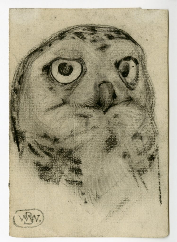 Rare-Antique Drawing-OWLS HEAD-Monogram WBW-c.1800 · Pictura Antique Prints