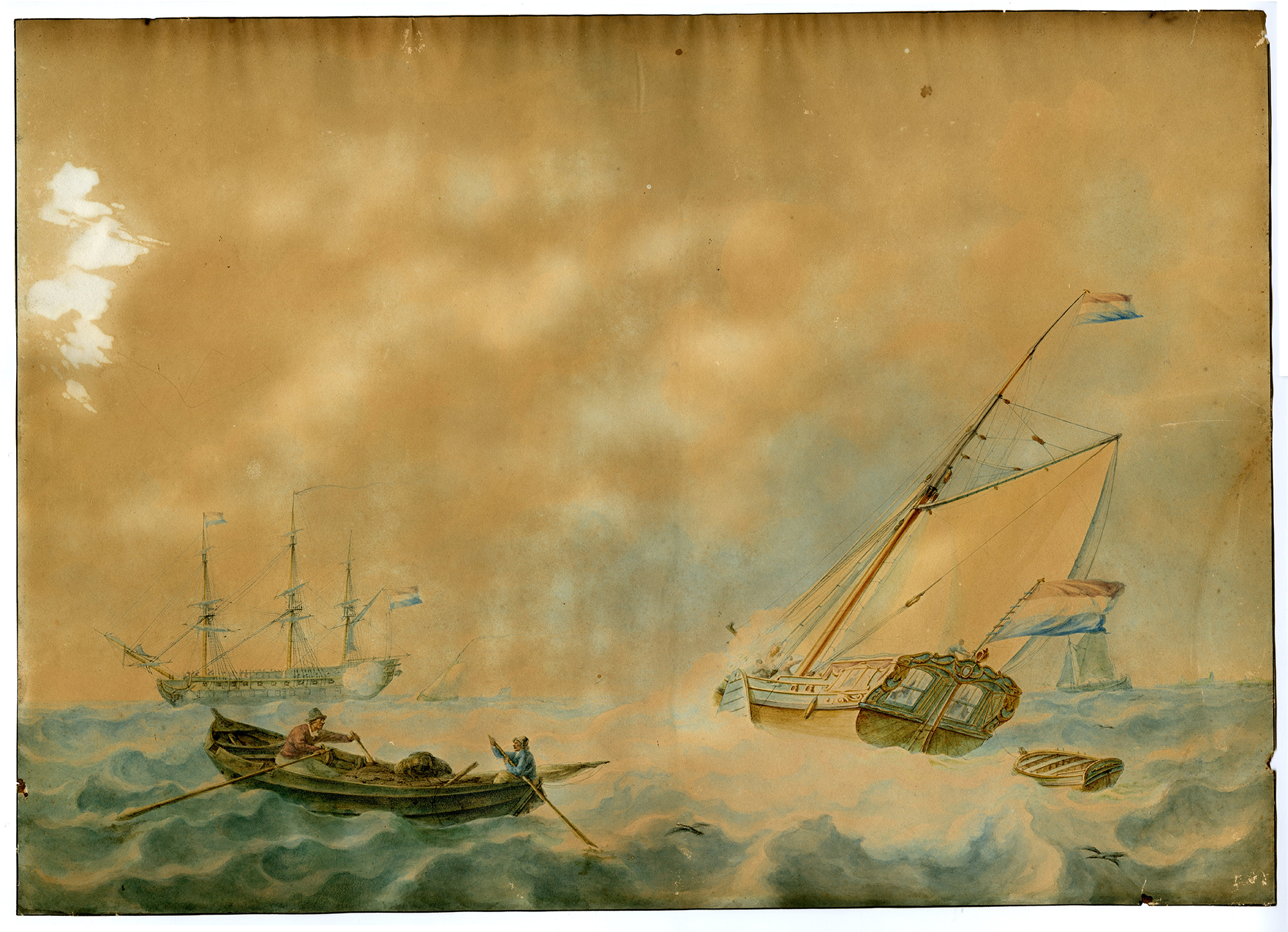Antique Drawing-DUTCH-SHIPS AT DEA-WATERCOLOR-Anonymous-c. 1800 ...