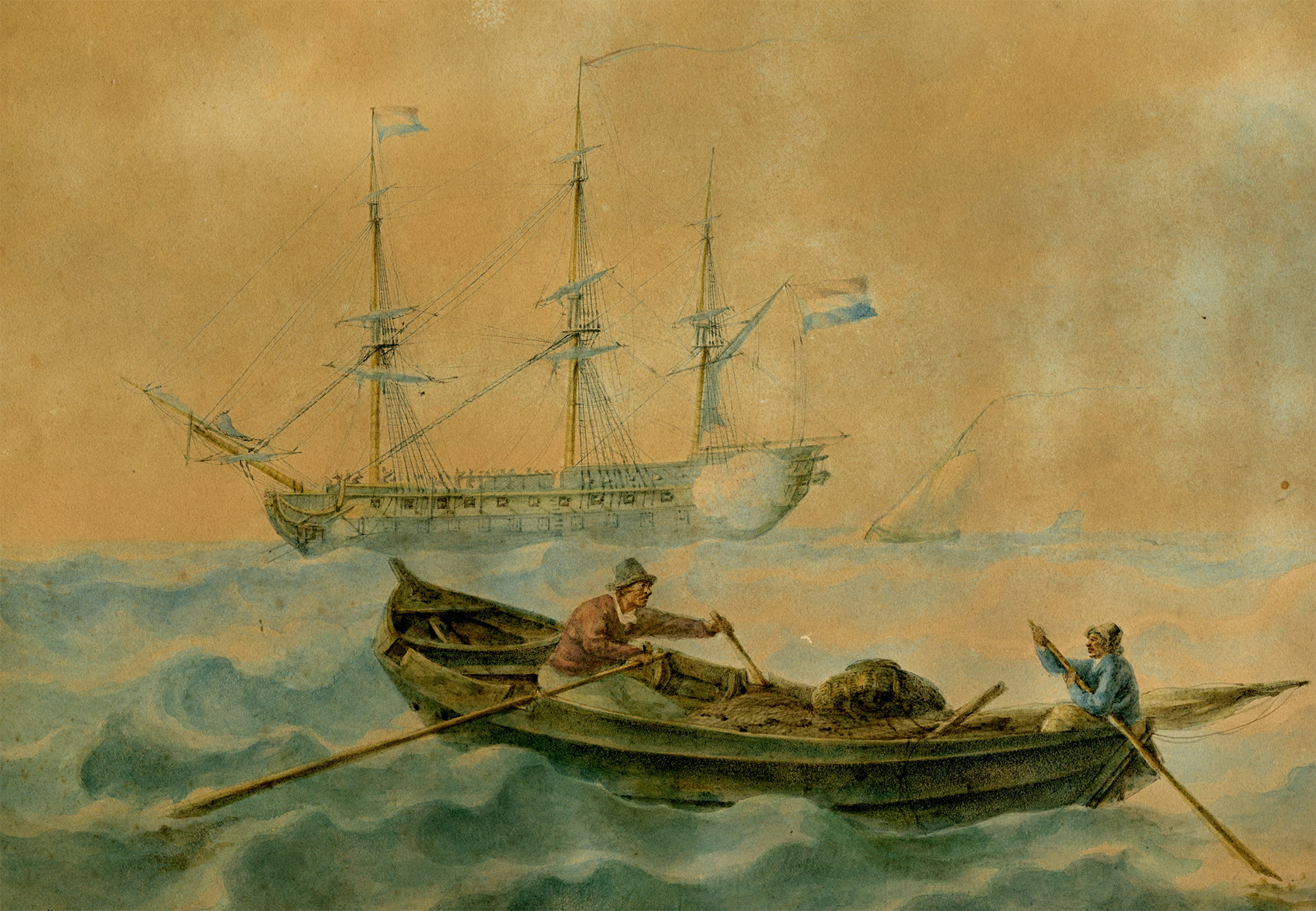 Antique Drawing-DUTCH-SHIPS AT DEA-WATERCOLOR-Anonymous-c. 1800 ...