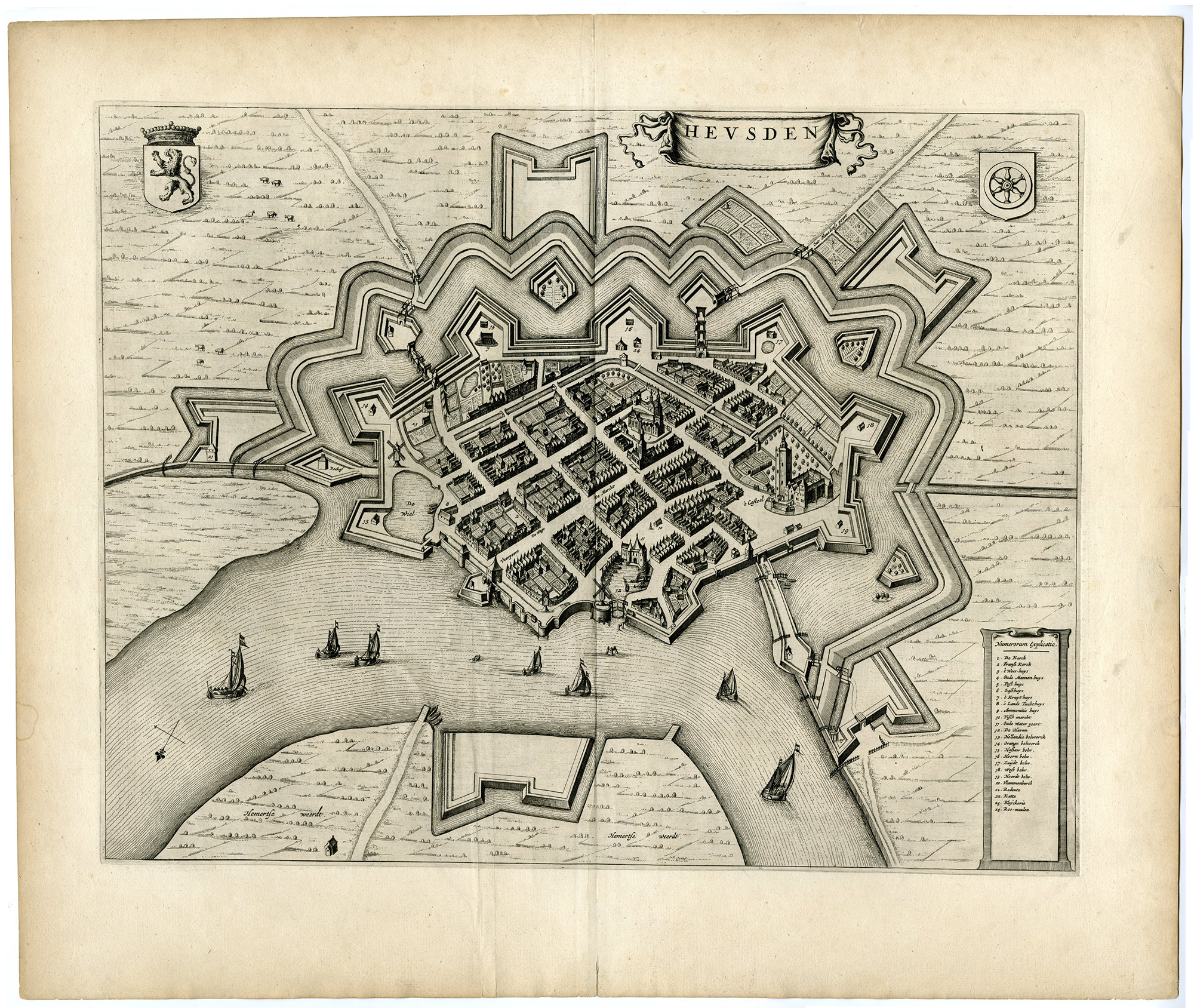 Antique Map-VIEW-HEUSDEN-FORTIFICATIONS-Bleau-1649 · Pictura Antique Prints